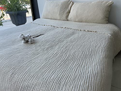 Muslin Blanket 100% Cotton, 4 Layers Bedspread, Soft Turkish Cotton Muslin Bed Cover, Reversible Coverlet, Ivory (King Size 95x102-230x260cm)