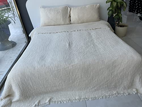 Muslin Blanket 100% Cotton, 4 Layers Bedspread, Soft Turkish Cotton Muslin Bed Cover, Reversible Coverlet, Ivory (King Size 95x102-230x260cm)