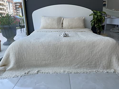 Muslin Blanket 100% Cotton, 4 Layers Bedspread, Soft Turkish Cotton Muslin Bed Cover, Reversible Coverlet, Ivory (King Size 95x102-230x260cm)