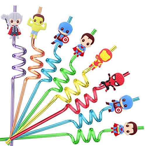 24 Superhero Party Favors Reusable Drinking Straws with Cartoon Decorations Great for Super Hero Birthday Party Supplies with 2 Cleaning Brush