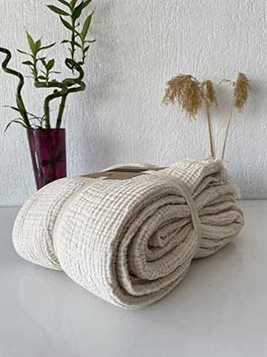 Muslin Blanket 100% Cotton, 4 Layers Bedspread, Soft Turkish Cotton Muslin Bed Cover, Reversible Coverlet, Ivory (King Size 95x102-230x260cm)