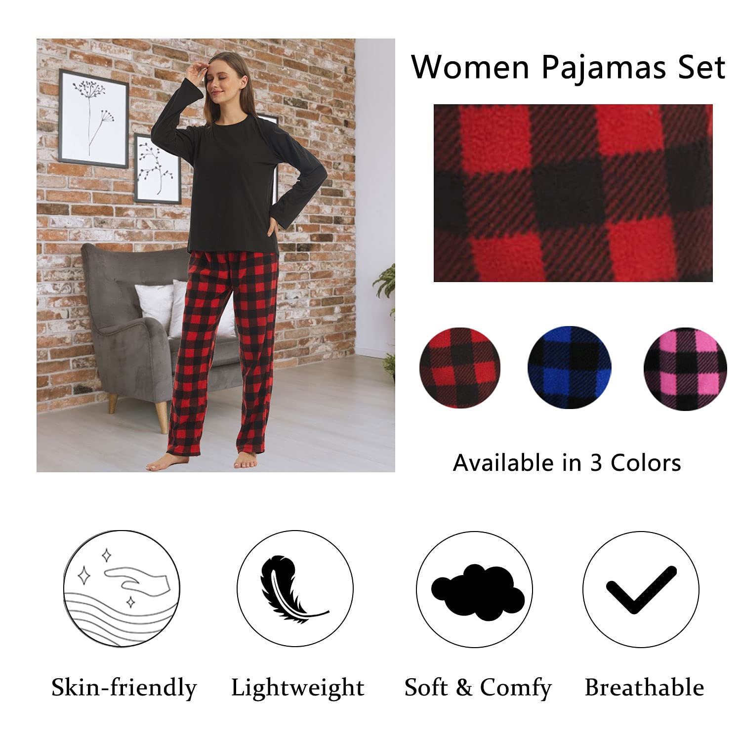 LANBAOSI Christmas Pajama Pants for Women Fuzzy Pack Long Fleece Buffalo Plaid Pj Bottoms Soft Drawstring Lounge Sleepwear Red/Grey