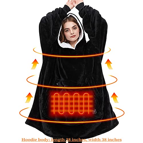 Electric Heated Wearable Blanket Hoodie, Oversized Blanket Sweatshirt for Women/Men Without Battery and Adapter (Black)