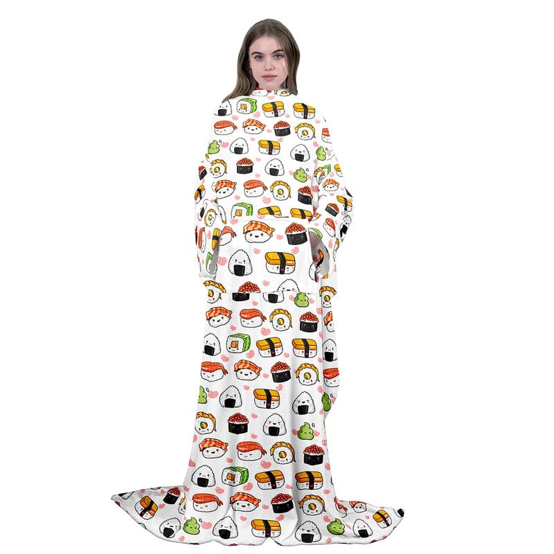 Cute Sushi Print Wearable Fleece Blanket with Sleeves for Adult Kids Women Men, Japanese Food Micro Plush Comfy Wrap Sleeved Throw Blanket, Kawaii Soft Plush Throw Blanket with Sleeves, 50"x70"