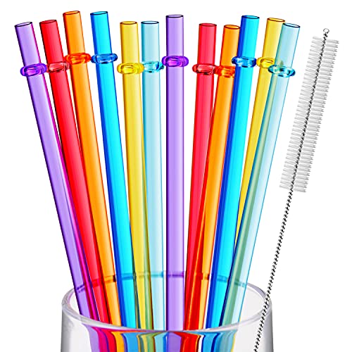 12 Pieces 11 Inches Reusable Plastic Straws for Tall Cups and Tumblers, BPA-Free Unbreakable Clear Colored Replacement Drinking Straws with 1 Cleaning Brush, Not Dishwasher Safe