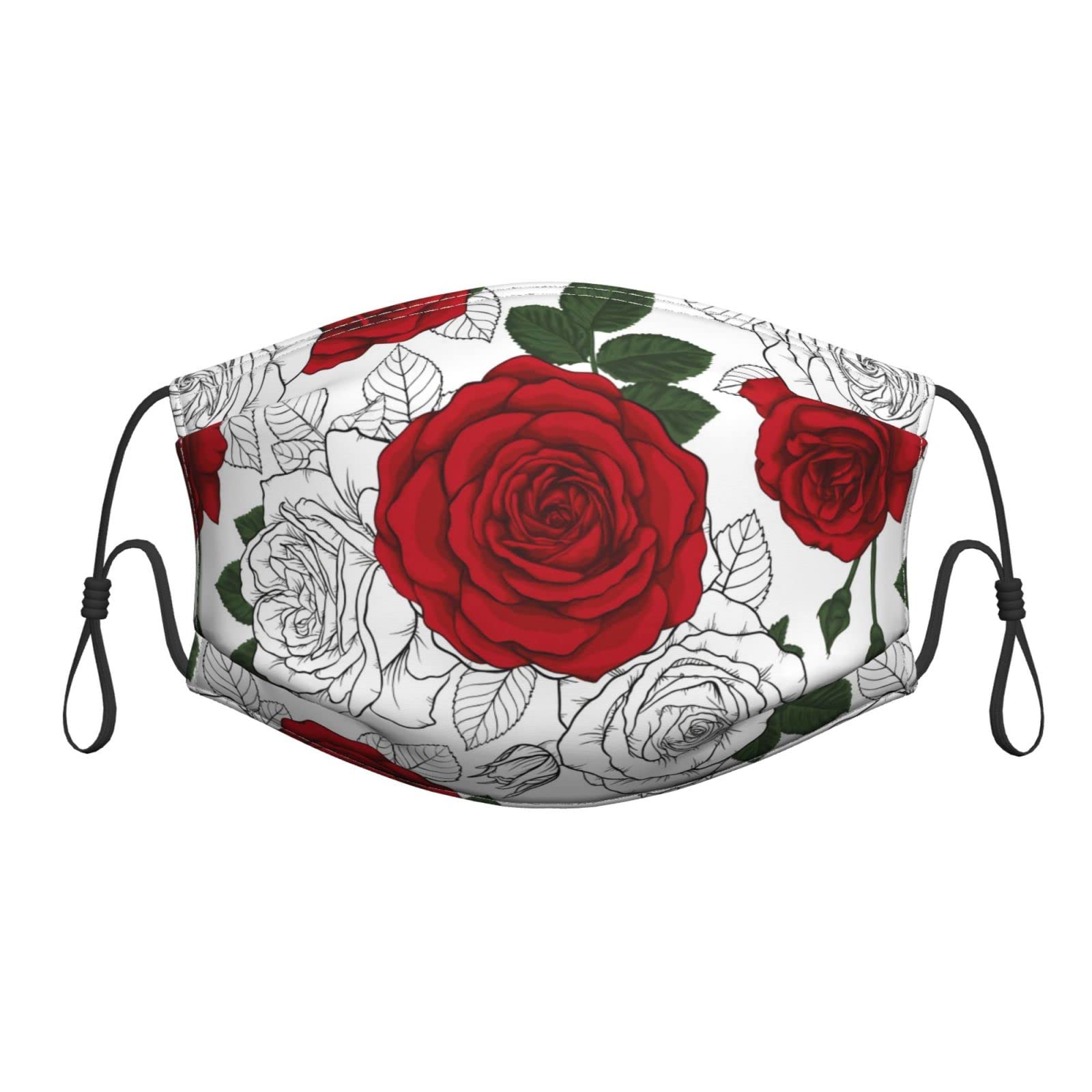 Face Mask with 2 Filters Red Black and White Roses Washable & Reusable Mouth Cover Breathable & Lightweight Face Shield for Sports, and Outdoors