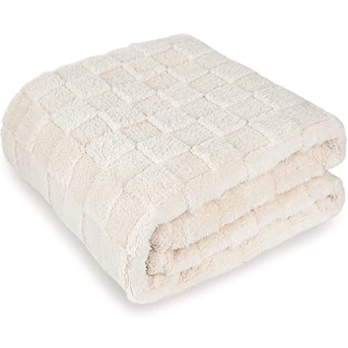 BOPRIO Throw Blanket Fuzzy Plaid Blanket for Sofa Couch or Bed, Queen Size 330GSM Luxury Fleece Soft Warm Blanket for All Seasons, 60 x 90 Inch Cream