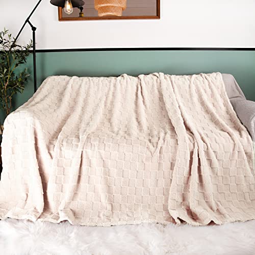 BOPRIO Throw Blanket Fuzzy Plaid Blanket for Sofa Couch or Bed, Queen Size 330GSM Luxury Fleece Soft Warm Blanket for All Seasons, 60 x 90 Inch Cream