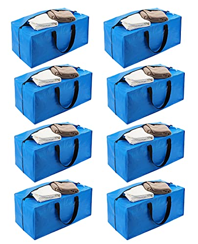 Heavy Duty Moving Bags, Extra Large Packing Bags with Strong Handles and Zippers, Compatible with Ikea Frakta Cart Storage Bags, for Camping, Christmas Decorations Storage Moving, Travelling, College Dorm. (Blue 8-Pack) (Blue, X-Large)