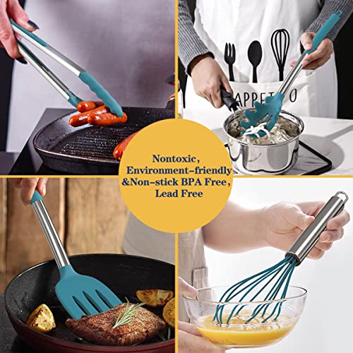 Silicone Cooking Utensil Set, Fungun Non-stick Kitchen Utensil 24 Pcs Cooking Utensils Set, Heat Resistant Cookware, Silicone Kitchen Tools Gift with Stainless Steel Handle (Blue-24pcs)