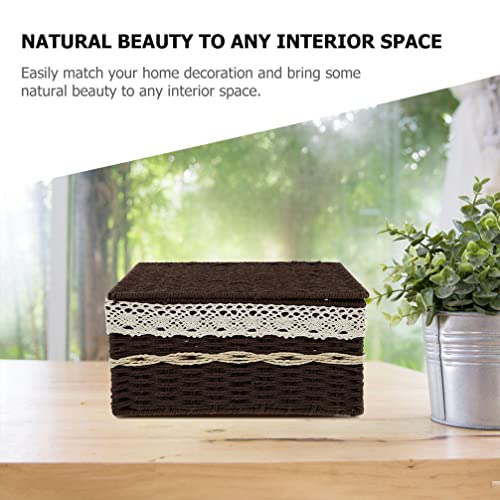 CLISPEED Wicker Storage Basket Woven Basket with Lid Rectangular Decorative Tray Bathroom Storage Organizer Basket for Pantry Toilet Bathroom Bedroom Patio