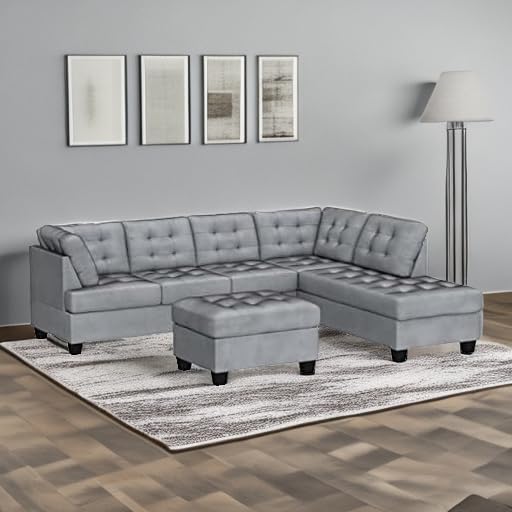 Casa Andrea Milano 3 Piece Modern Tufted Micro Suede L Shaped Sectional Sofa Couch with Reversible Chaise & Ottoman