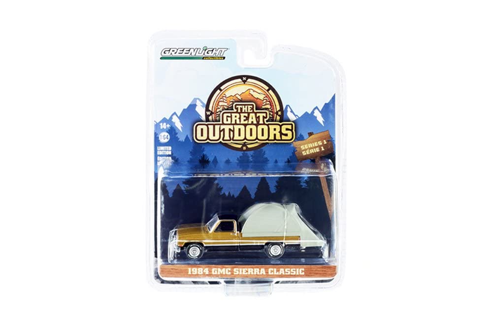 1984 GMC Sierra Classic Pickup Truck with Modern Truck Bed Tent, Gold Metallic - Greenlight 38010C/48-1/64 Scale Diecast Model Toy Car