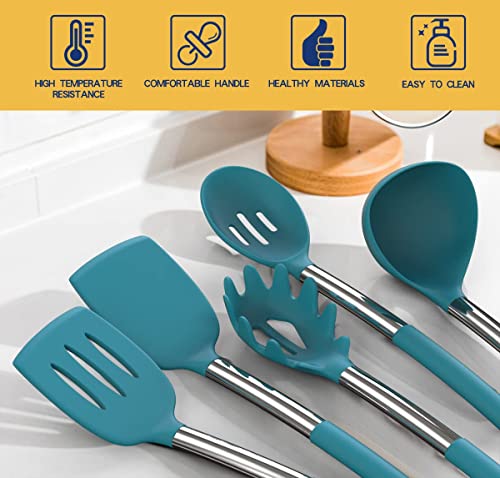 Silicone Cooking Utensil Set, Fungun Non-stick Kitchen Utensil 24 Pcs Cooking Utensils Set, Heat Resistant Cookware, Silicone Kitchen Tools Gift with Stainless Steel Handle (Blue-24pcs)