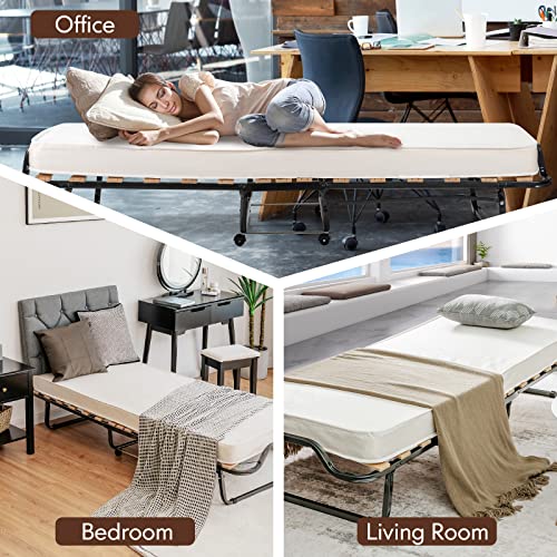 GOFLAME Folding Bed with Memory Foam Mattress, Portable Rollaway Guest Bed with Heavy-Duty Steel Frame & Rolling Casters, Sleeper Bed Cot Size for Adults & Kids, Dustproof Cover Included