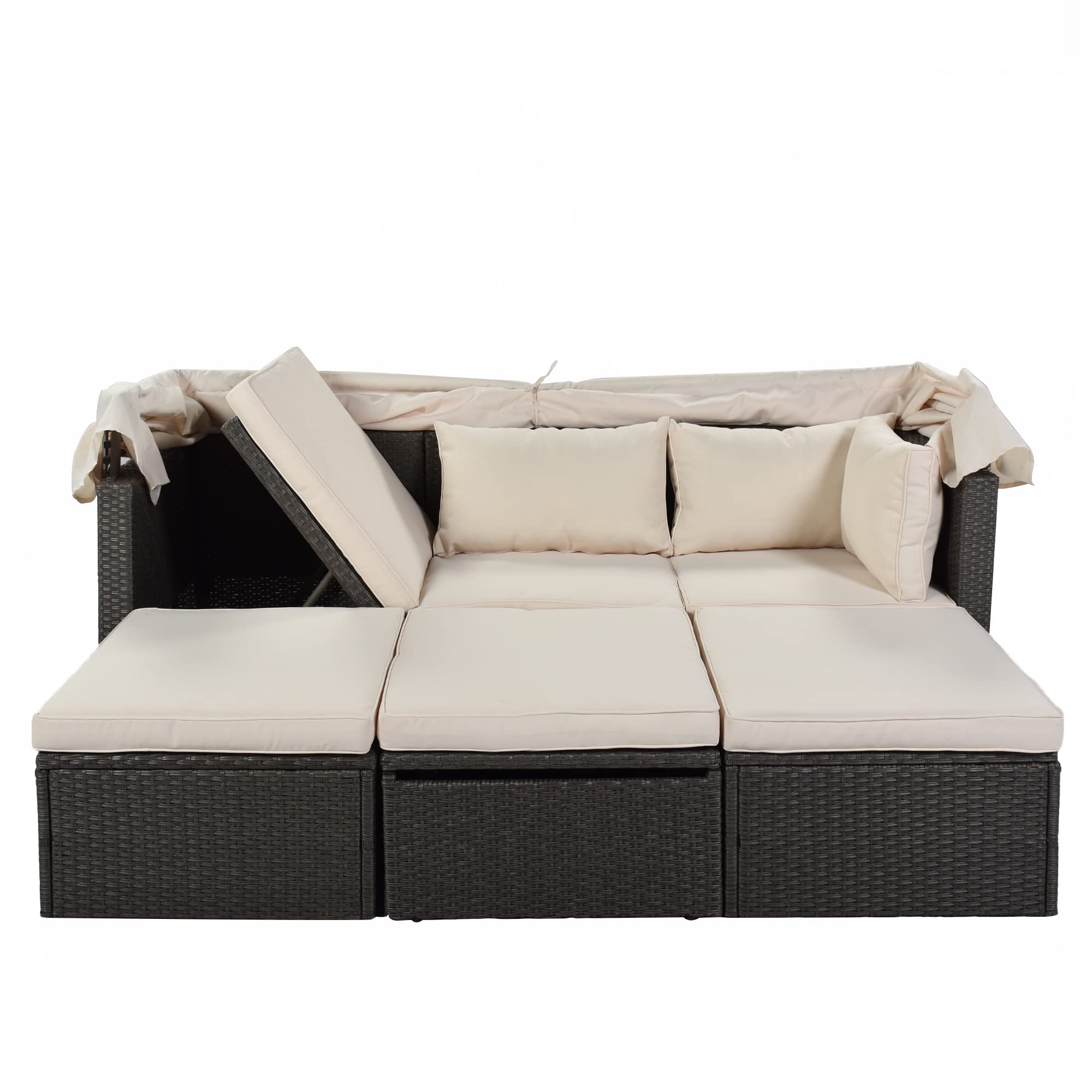 Merax 4 PCS Outdoor Patio Conversation Sets PE Wicker Sectional Sofa Rattan Daybed with Canopy, Lift Top Table, and Ottomans, Beige
