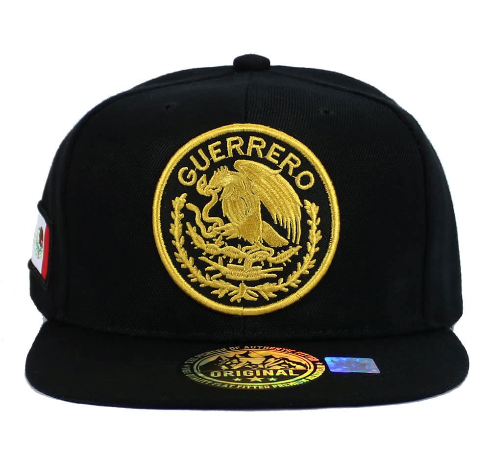 Mexican Hat Mexico State Federal Logo Embroidered Snapback Flat Bill Baseball Cap (Guerrero- Black/Gold), Large-X-Large
