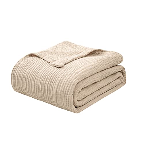 EMME Muslin Throw Cotton Blanket Soft Bed Blankets for Adults and Baby 55"x75" Lightweight Soft Breathable Throw Blanket All Season Gauze Blanket, Light Tan