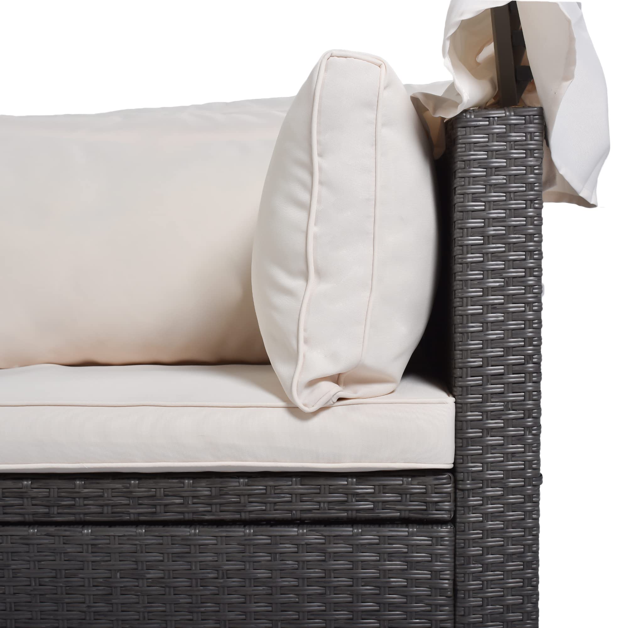 Merax 4 PCS Outdoor Patio Conversation Sets PE Wicker Sectional Sofa Rattan Daybed with Canopy, Lift Top Table, and Ottomans, Beige