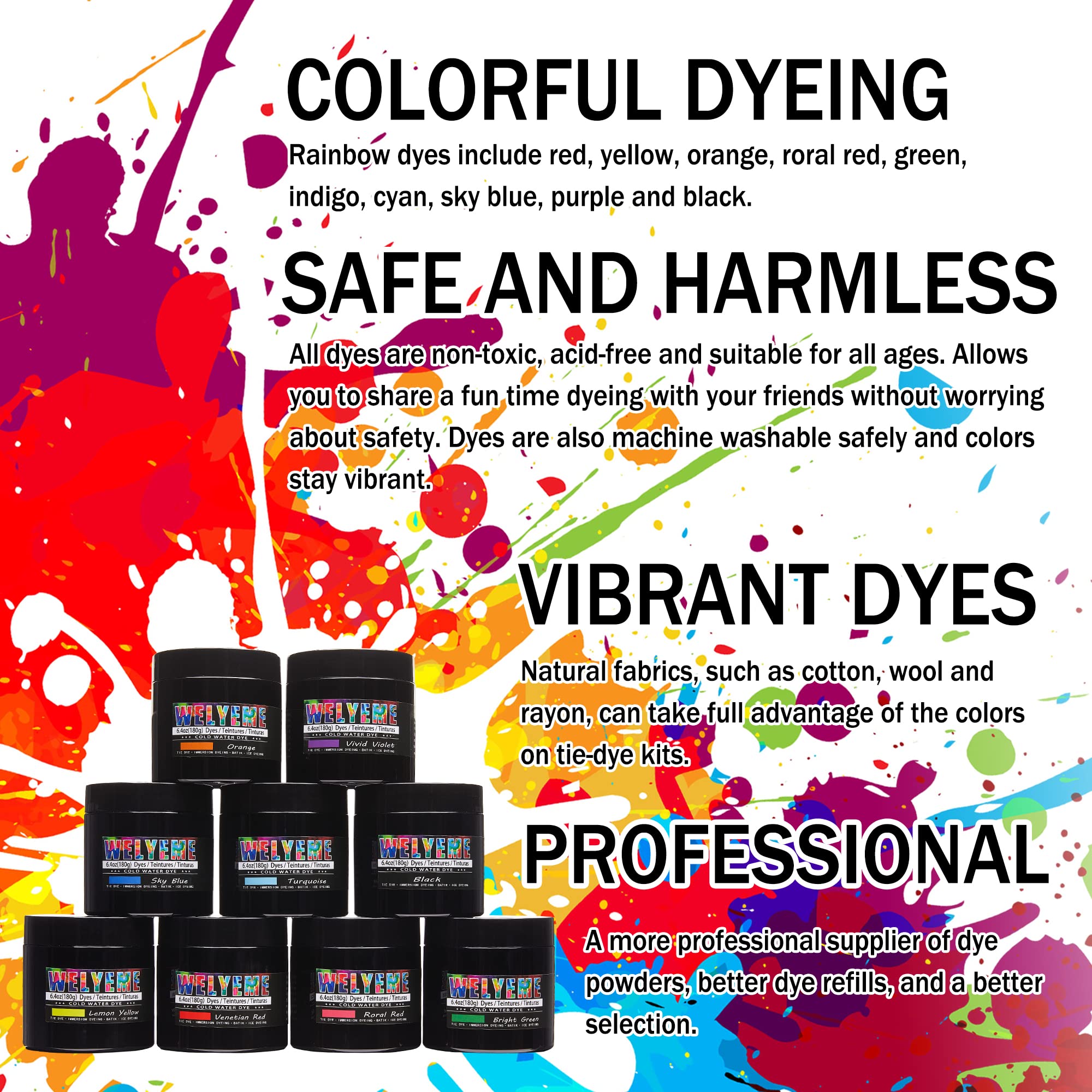 WELYEME Tie Dye Powder Bulk, Fabric Dye Powder 9 Pack, Cold Water Dye Set for Clothes, Tie-Dye Powder Kit