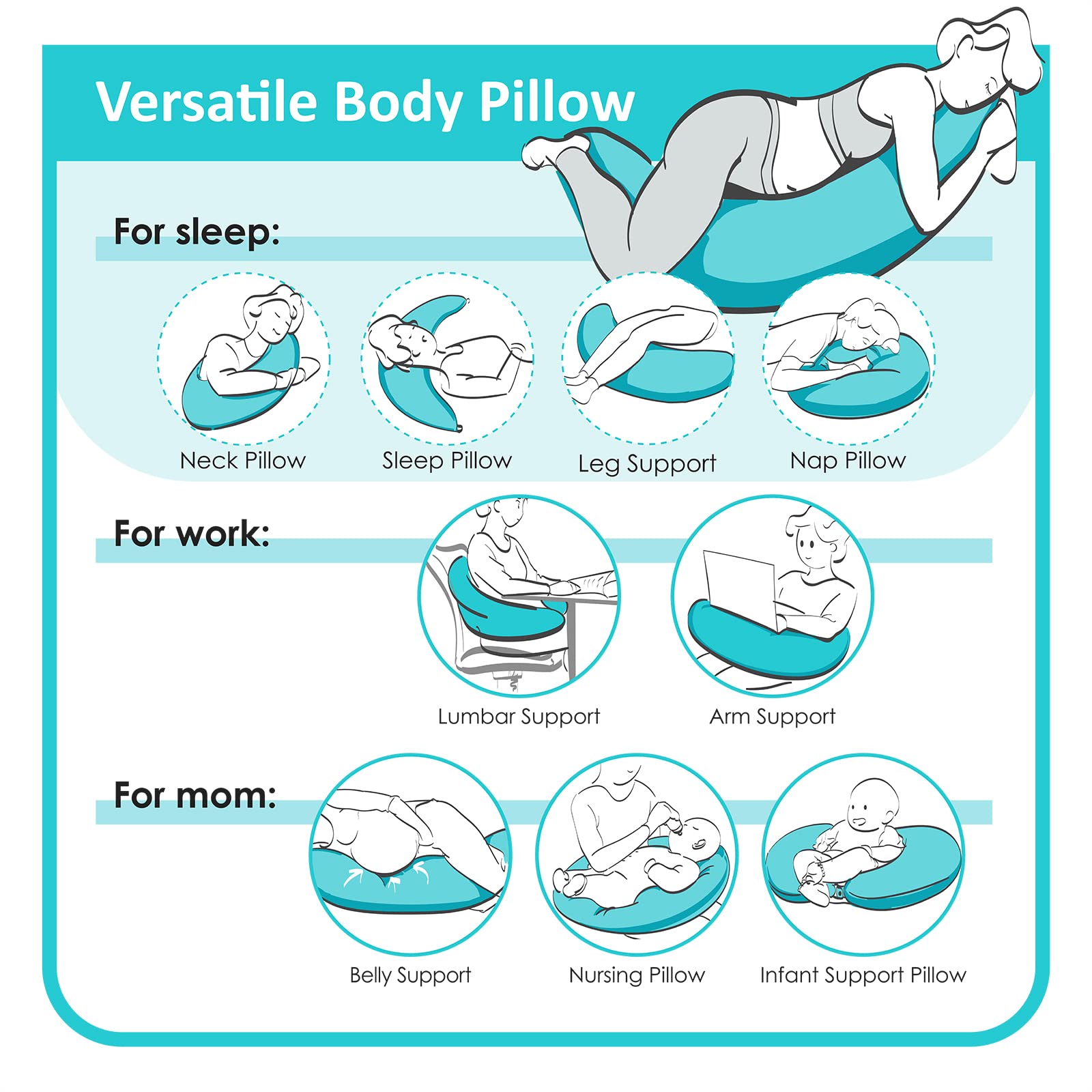 BYRIVER 43" Long C Shaped Body Pillow for Adults Men Women, Side Sleeper Pillow for Neck Shoulder Back Pain Relief, Cooling Post Sugery Pillow Pregnancy Pillow, Blue Black Washable Pillowcase (XL)