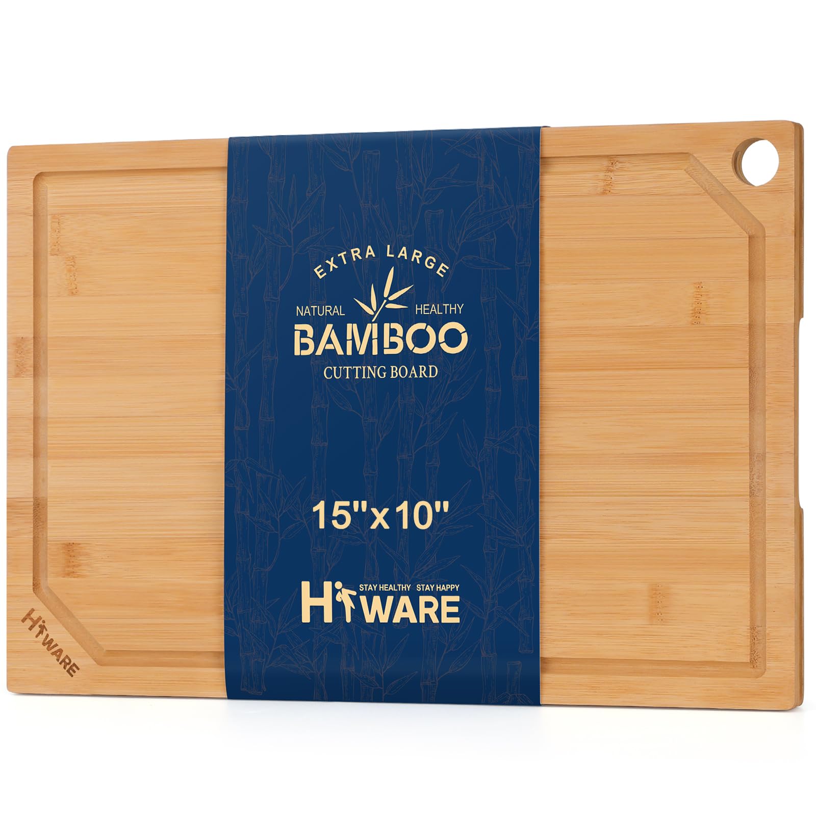 Hiware Bamboo Cutting Board for Kitchen, Heavy Duty Wood Cutting Board with Juice Groove, 100% Organic Bamboo, Pre Oiled, 15" x 10"