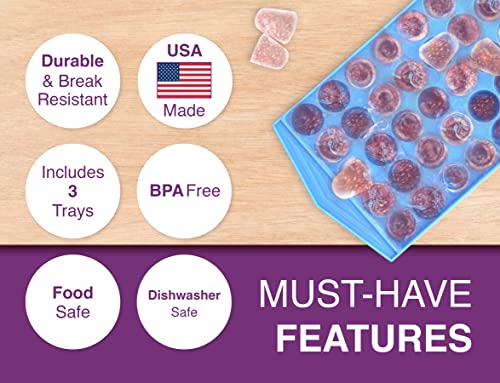 Arrow Small Ice Cube Trays for Freezer, 3 Pack - 60 Mini Cubes Per Tray, 180 Cubes Total - Made in the USA, BPA Free Plastic - Ideal Small Ice Cube Trays for Ice Coffee and Blenders – Blue