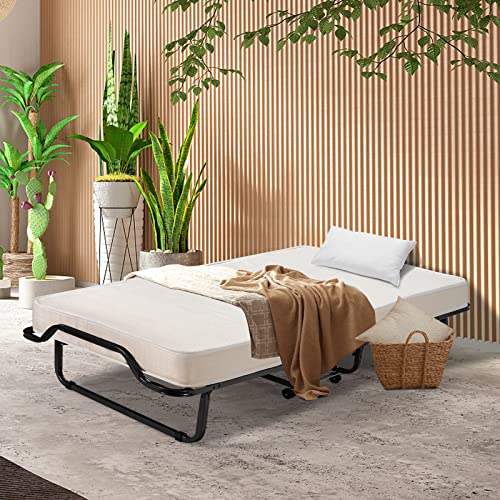 GOFLAME Folding Bed with Memory Foam Mattress, Portable Rollaway Guest Bed with Heavy-Duty Steel Frame & Rolling Casters, Sleeper Bed Cot Size for Adults & Kids, Dustproof Cover Included