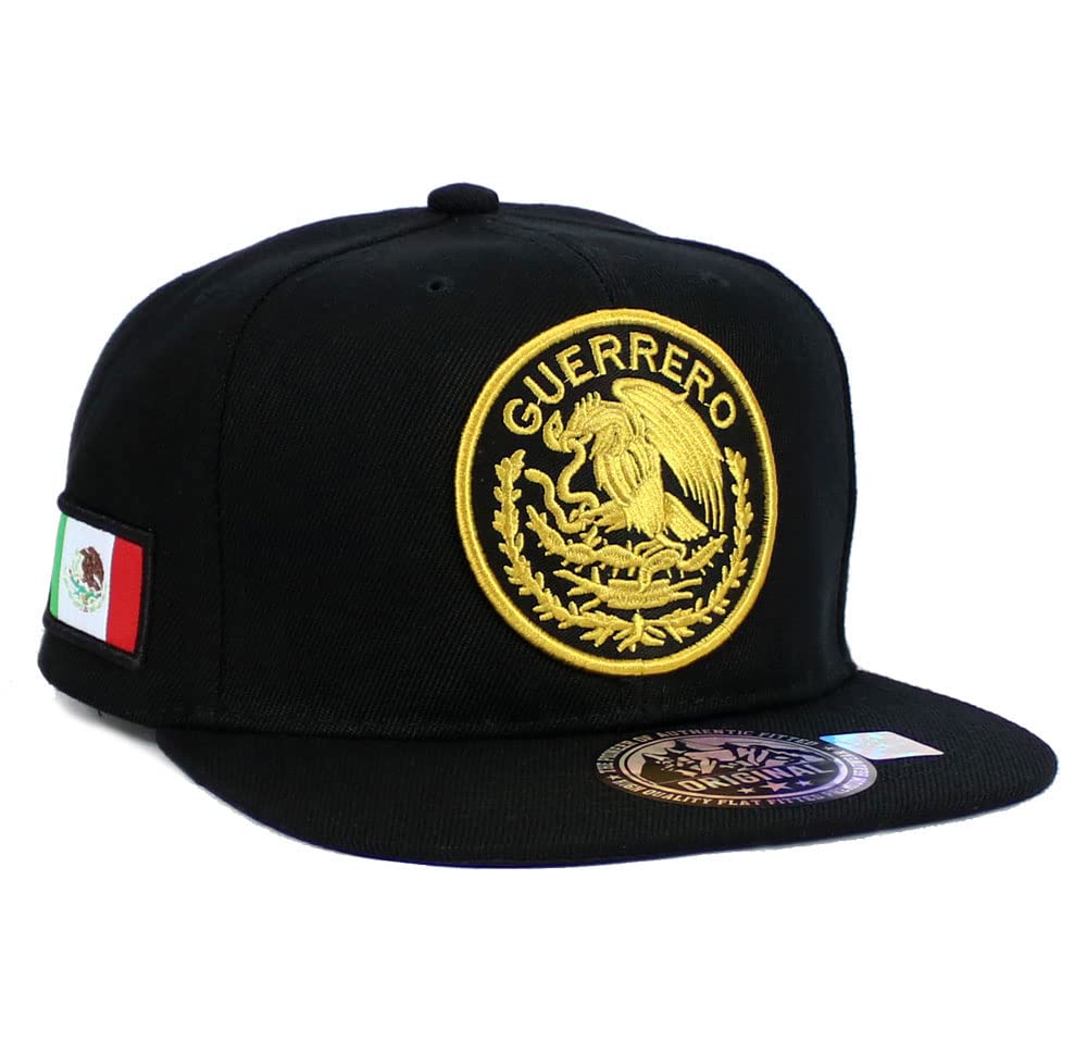 Mexican Hat Mexico State Federal Logo Embroidered Snapback Flat Bill Baseball Cap (Guerrero- Black/Gold), Large-X-Large