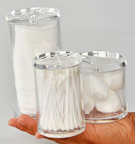 Home-X Bathroom Organizer Jars, 3 in 1 Acrylic Storage Containers with Lids, Vanity Decor, Cotton Rounds and Swabs Organizer, 5 ½” H x 2 ¾” D, 3" H x 3" D, 3 ¾” H x 2 ¼” D