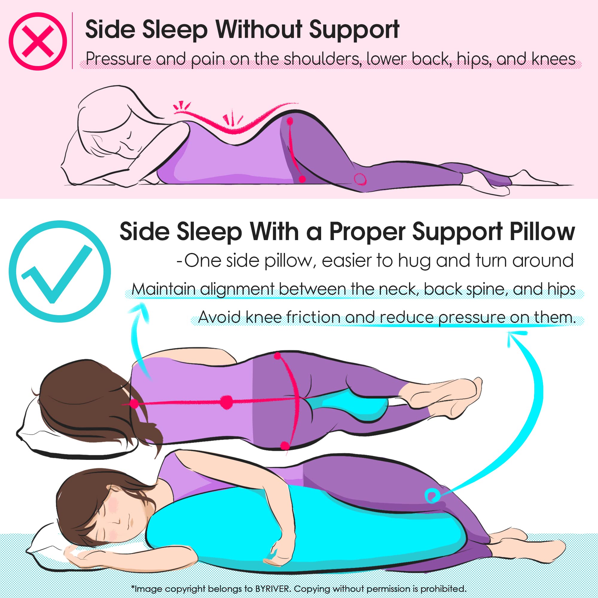 BYRIVER 43" Long C Shaped Body Pillow for Adults Men Women, Side Sleeper Pillow for Neck Shoulder Back Pain Relief, Cooling Post Sugery Pillow Pregnancy Pillow, Blue Black Washable Pillowcase (XL)