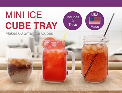 Arrow Small Ice Cube Trays for Freezer, 3 Pack - 60 Mini Cubes Per Tray, 180 Cubes Total - Made in the USA, BPA Free Plastic - Ideal Small Ice Cube Trays for Ice Coffee and Blenders – Blue