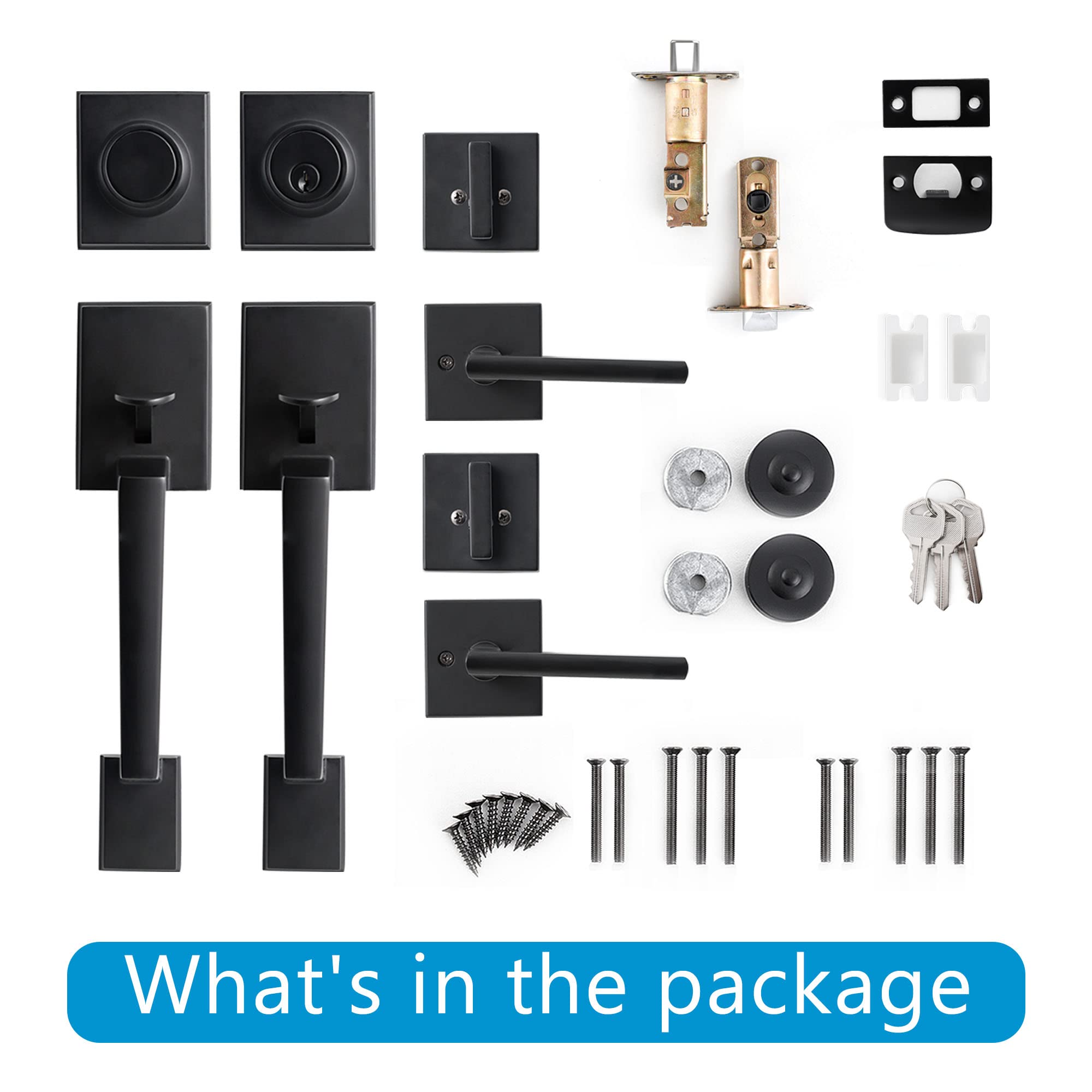 NeuType Double Door Handle Sets with Deadbolt Entry Door Locksets Single Cylinder HandleSet with Straight Handle Lower Half Grip, Black
