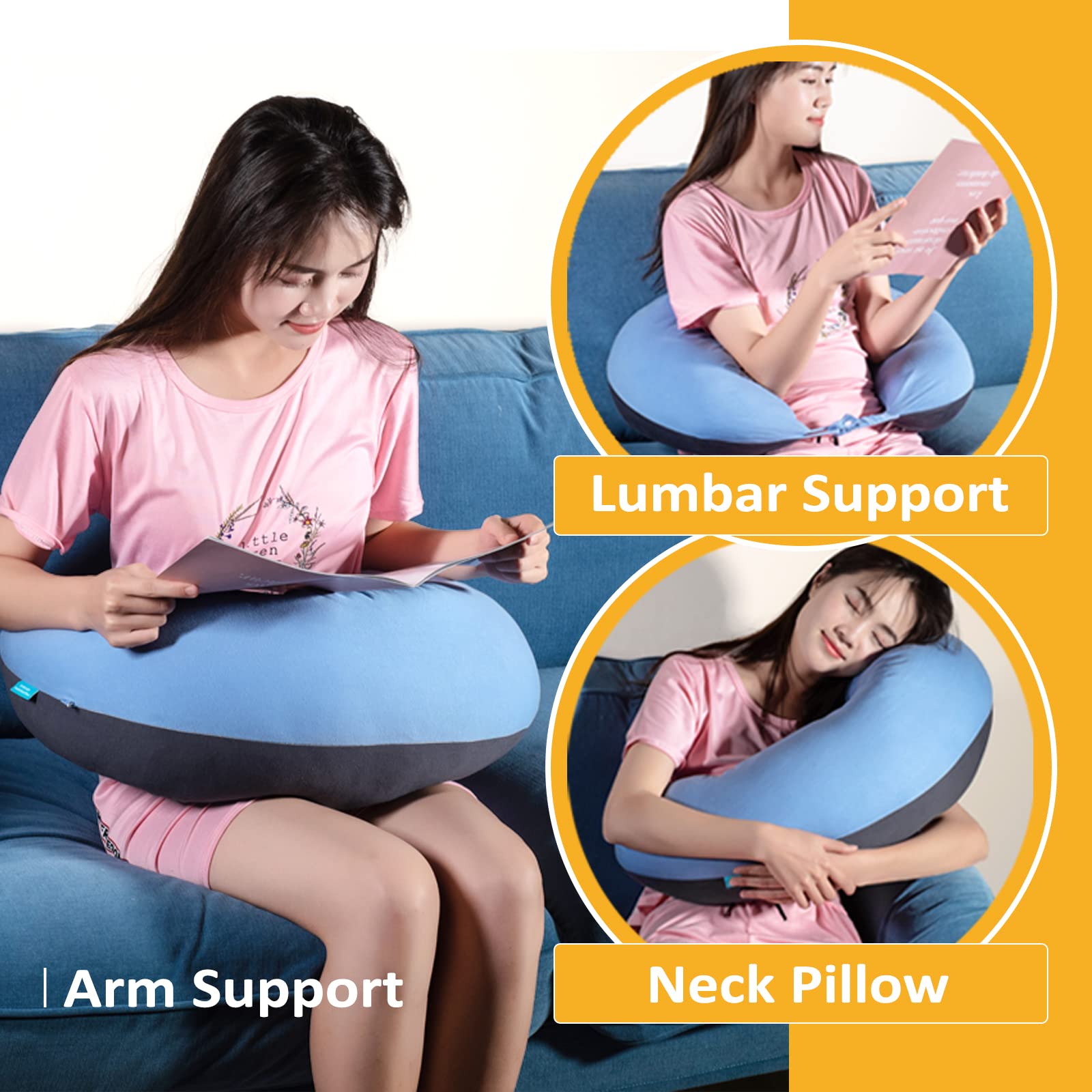 BYRIVER 43" Long C Shaped Body Pillow for Adults Men Women, Side Sleeper Pillow for Neck Shoulder Back Pain Relief, Cooling Post Sugery Pillow Pregnancy Pillow, Blue Black Washable Pillowcase (XL)