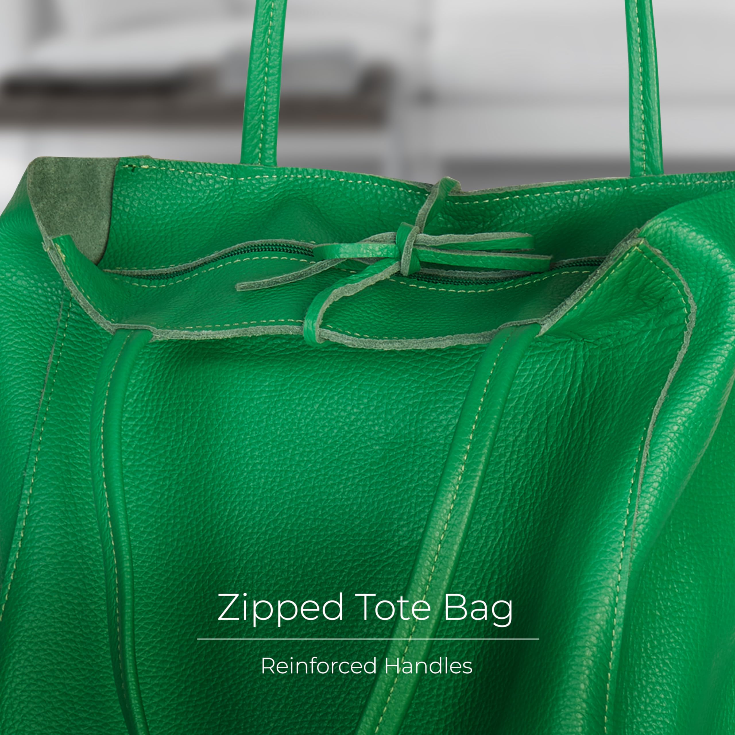 TAKEASY Italian Genuine Leather Tote Bag for Women with Zipper Large Tall Soft Unlined Handbag Purse for Shopping Work Travel (Green)