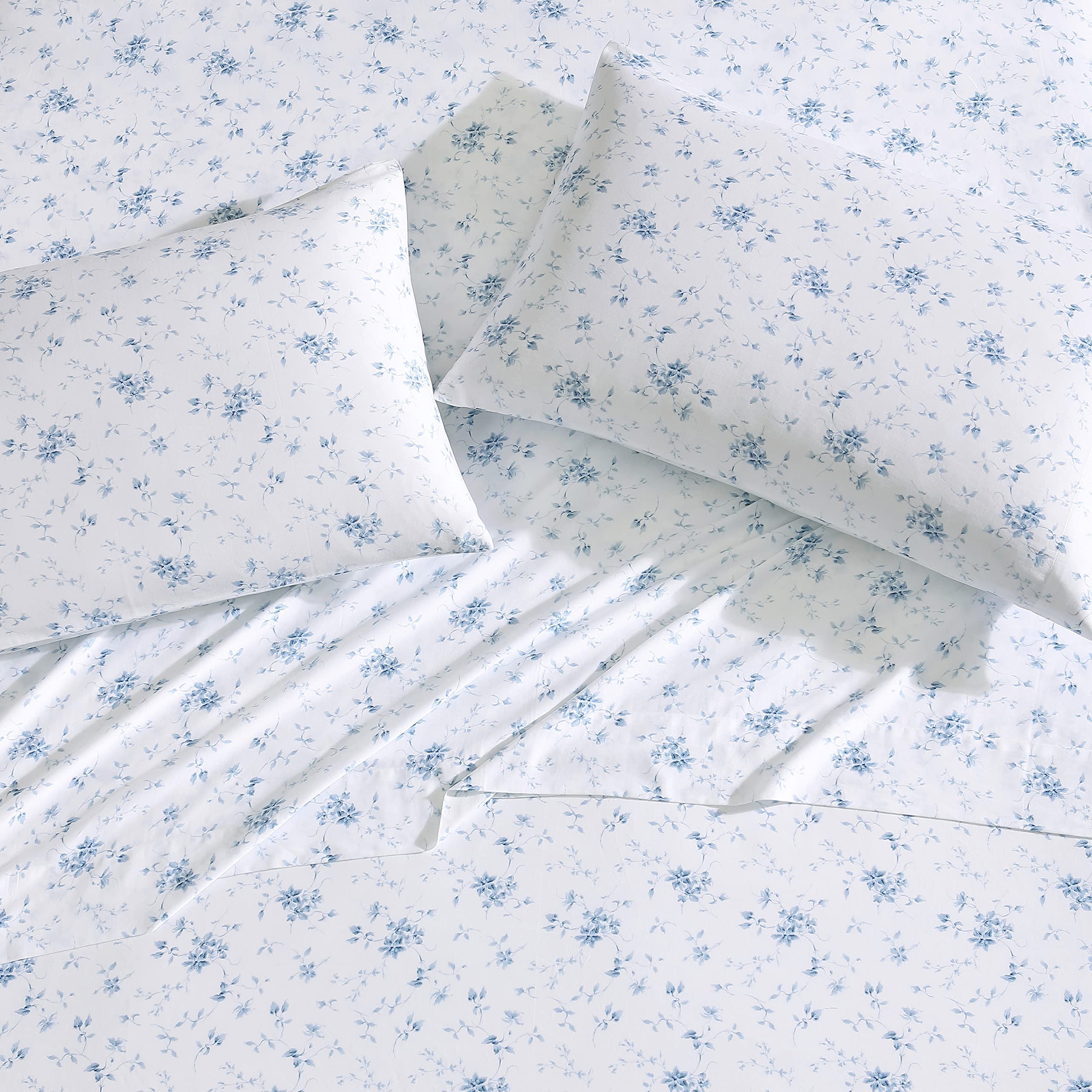 Laura Ashley Home - Standard Pillowcase Set, Cotton Sateen Bedding, Smooth & Wrinkle-Resistant (Garden Muse Blue, 2 Piece)