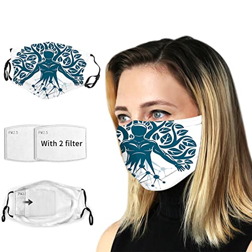 Biology Fashion Face Mask With Filter Pocket,Abstract Human Figure Science Ecology and Nature Balance,Breathable Comfort,Fully Machine Washable,Face Masks Large,Dark Petrol Blue and White