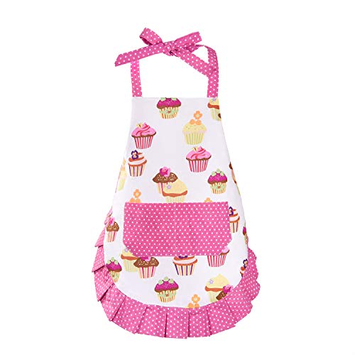 Claswcalor 100% Cotton Kids Girls Aprons, Cute Toddler Cupcake Baking Apron Adjustable Kitchen Pink Apron for Children Daughters Little Girls