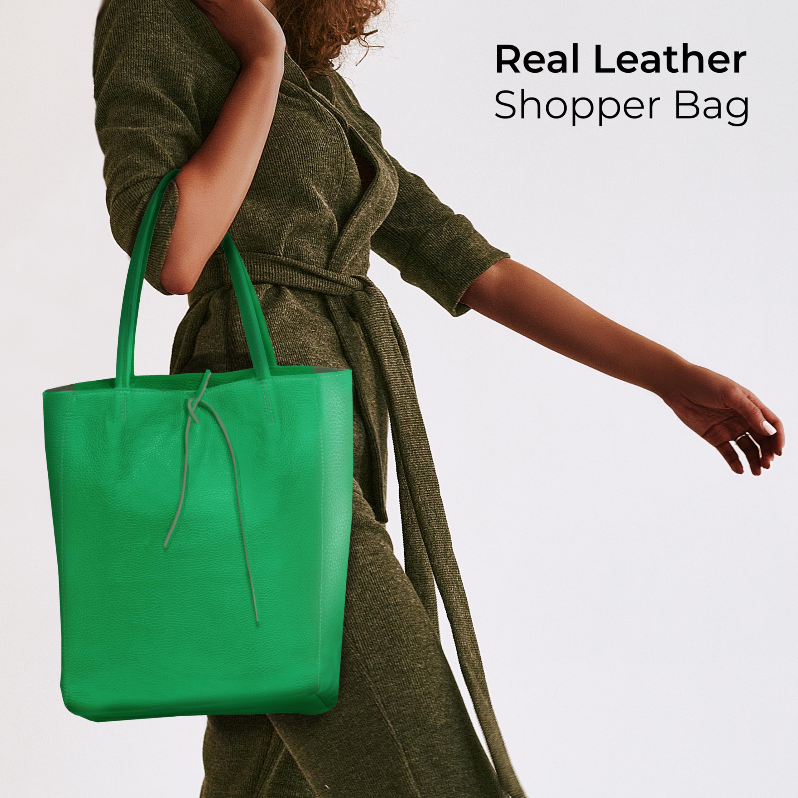 TAKEASY Italian Genuine Leather Tote Bag for Women with Zipper Large Tall Soft Unlined Handbag Purse for Shopping Work Travel (Green)