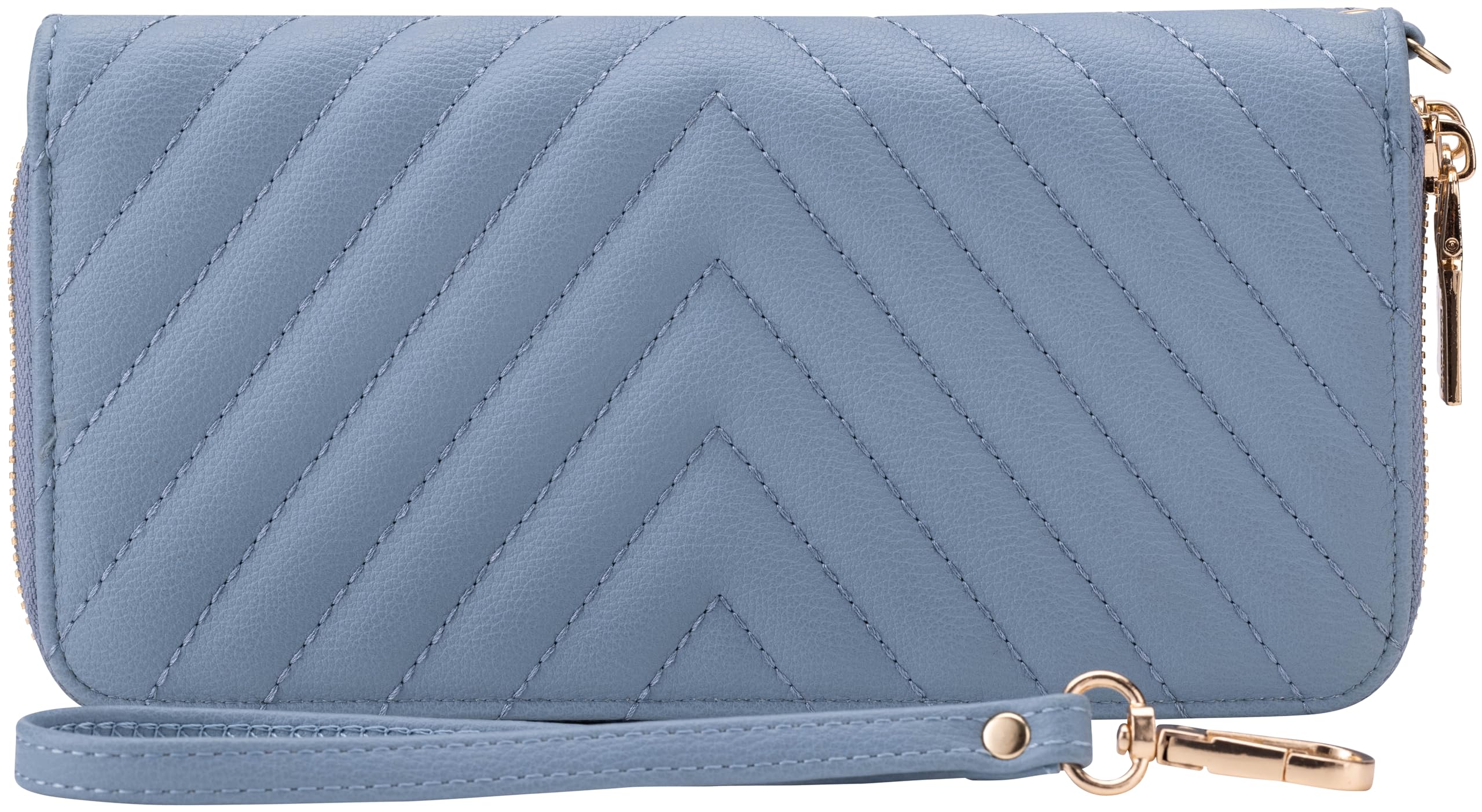 B BRENTANO Vegan Leather Double Zipper Pocket Wallet with Grip Hand Strap (Chevron Embroidered Blue)