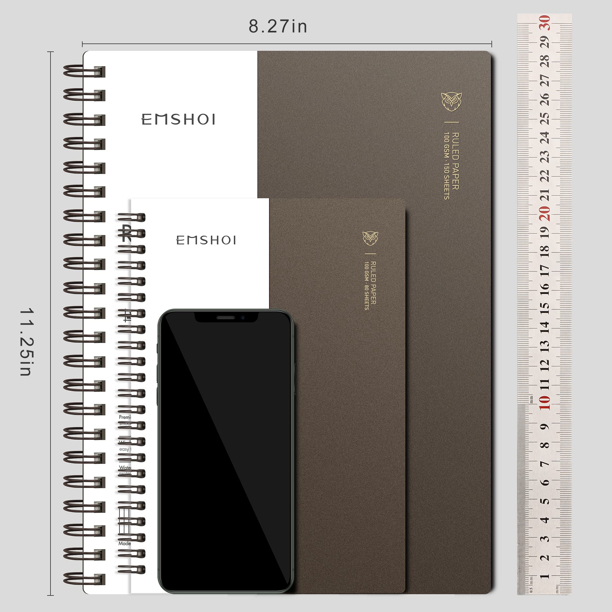 EMSHOI A4 Spiral Notebook College Ruled Lined Journal, 11.2" X 8.27",150 Sheets, 100gsm Thick Paper, Waterproof Softcover, Twin-Wire Binding, for Women Men School Work Business Writing, Gifts-Coffee