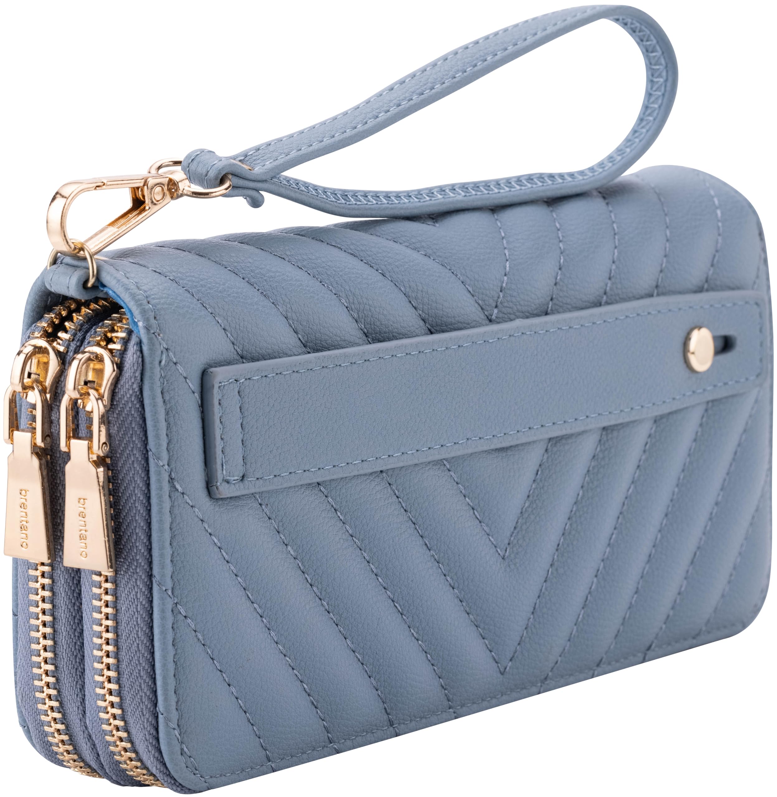 B BRENTANO Vegan Leather Double Zipper Pocket Wallet with Grip Hand Strap (Chevron Embroidered Blue)