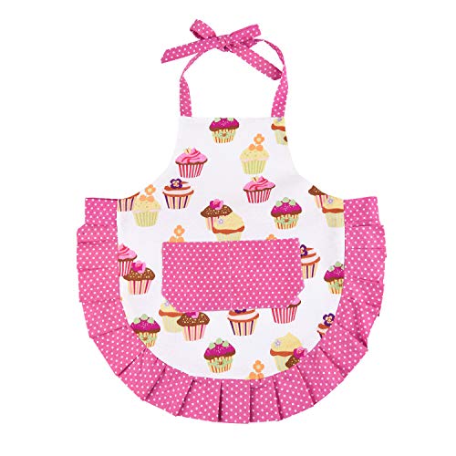 Claswcalor 100% Cotton Kids Girls Aprons, Cute Toddler Cupcake Baking Apron Adjustable Kitchen Pink Apron for Children Daughters Little Girls