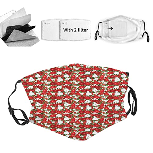 Christmas Fashion Face mask,Poinsettia Flower Holly and Mistletoe in Natural,Dust Washable Reusable Filter and Reusable Mouth Warm Windproof polyester Face for women men,White Green