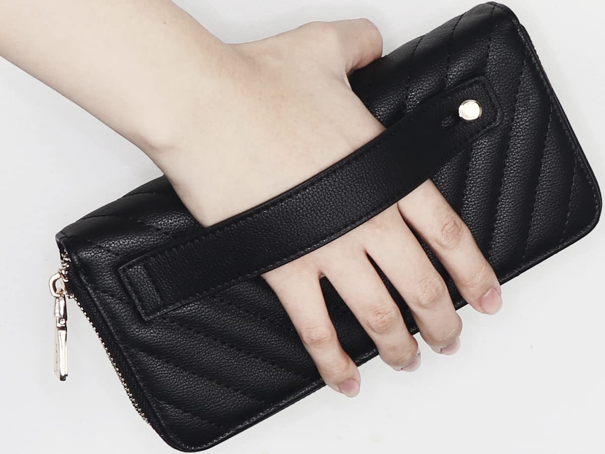 B BRENTANO Vegan Leather Double Zipper Pocket Wallet with Grip Hand Strap (Chevron Embroidered Blue)