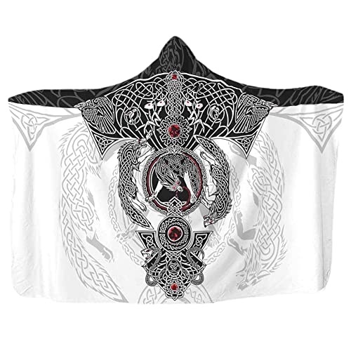 DFWY Men Women's Viking Hooded Blanket Cloak - Norse Wolf Head Fenrir Tattoo 3D Print Plush Wearable Blankets - Novelty Winter Warm Super Soft Blanket Bath Sheet (Color : C, Size : 50 * 60 Inch)