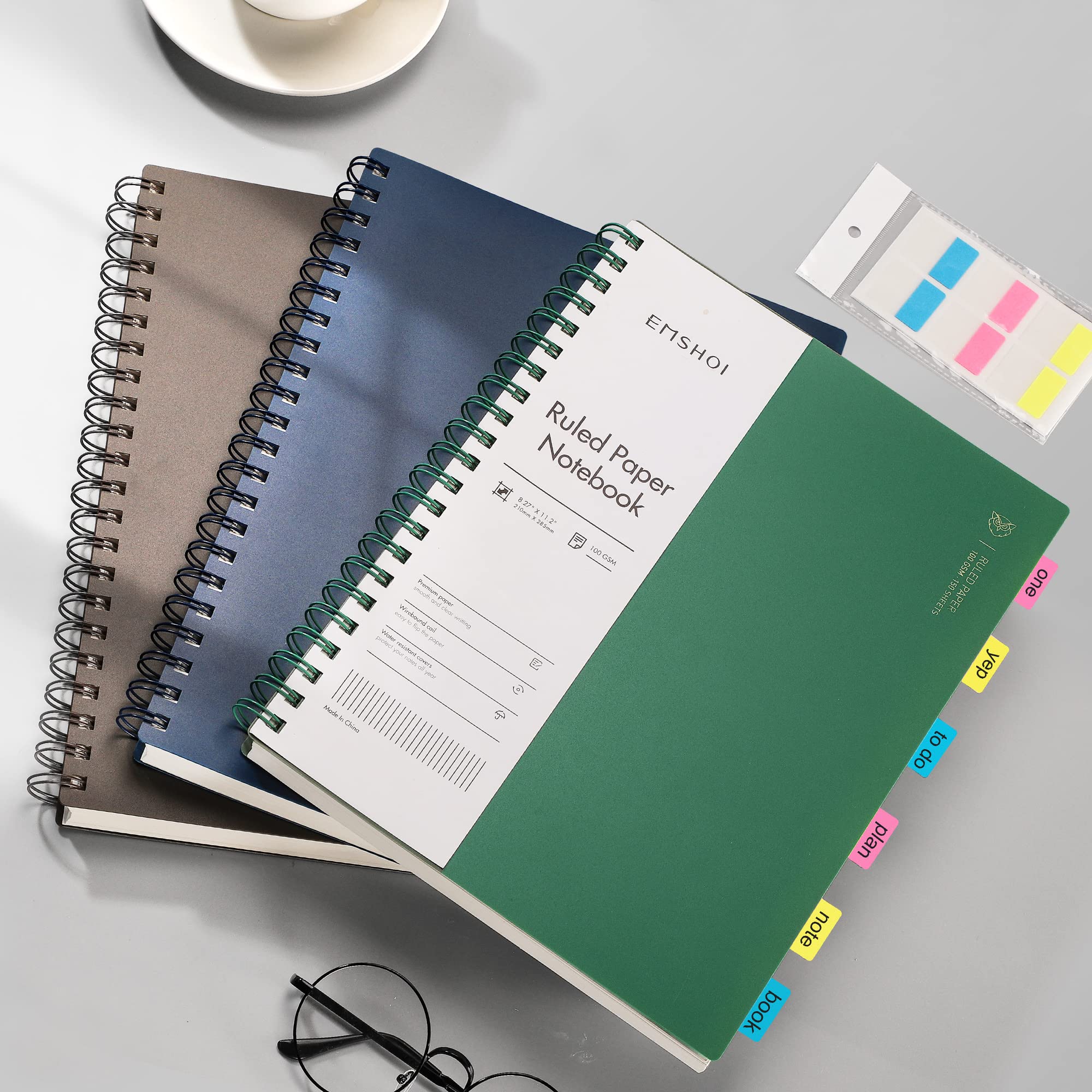 EMSHOI A4 Spiral Notebook College Ruled Lined Journal, 11.2" X 8.27",150 Sheets, 100gsm Thick Paper, Waterproof Softcover, Twin-Wire Binding, for Women Men School Work Business Writing, Gifts-Coffee