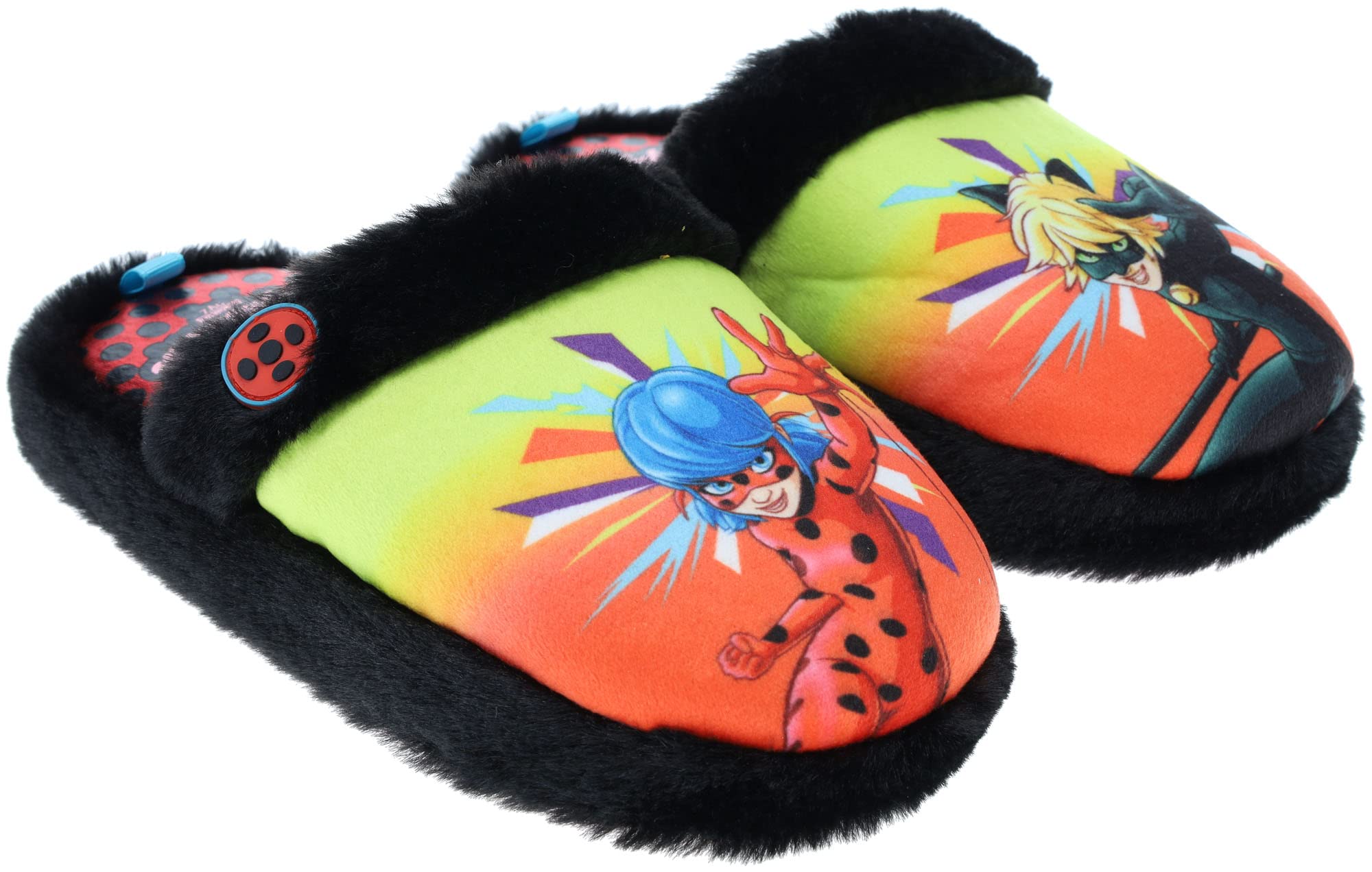 Miraculous Ladybug Girls' Slipper Scuff, Mismatch Ladybug and Cat Noir, Black/Red, Little Kid Size 12/13