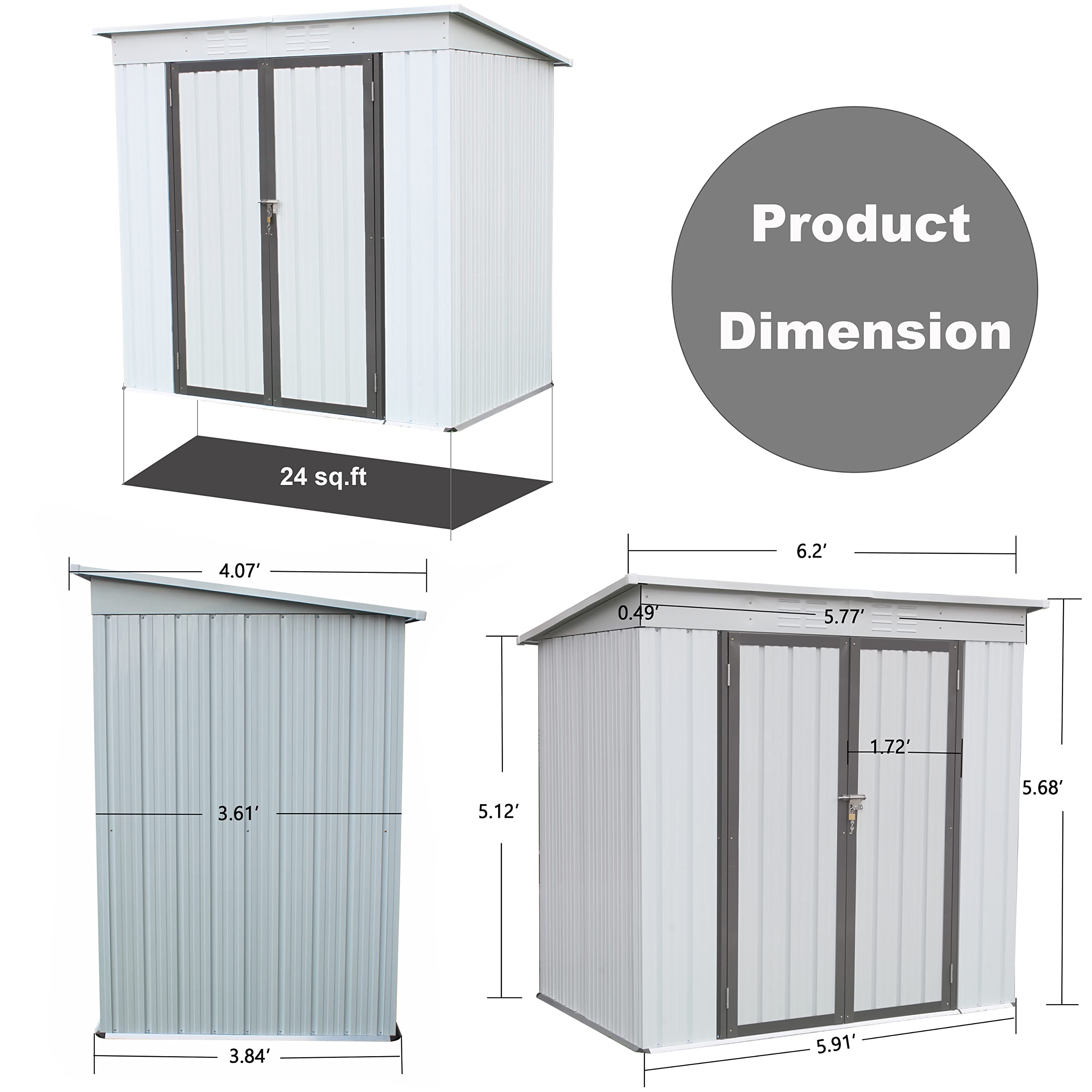 Rophefx 6' x 4' Outdoor Metal Storage Shed with Floor Frame, Outside Waterproof Tool Shed, Steel Garden Shed with Double Lockable Door for Backyard, Patio, Lawn, White & Grey