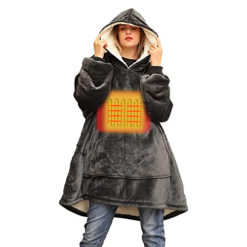 Battery Heated Wearable Blanket Hoodie for Women and Men, Cordless Sherpa Heated Blanket Wrap with Battery Pack, Warm and Cozy Heated Snuggie Shawl for Home and Office